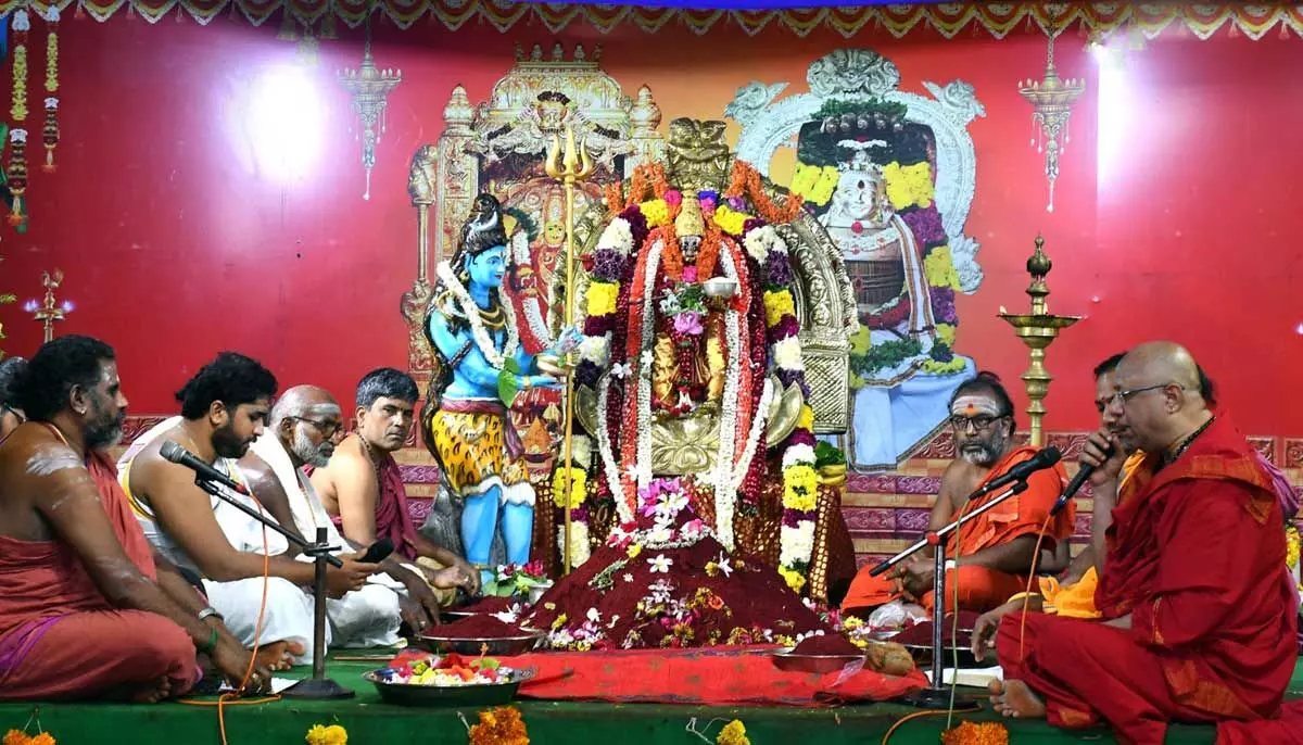 Devotees offer Kunkum Pooja to Kanakadurga at Indrakeeladri