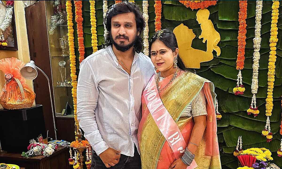 Happy faces: Actor Nikhil along with his wife Pallavi Varma at the baby ...