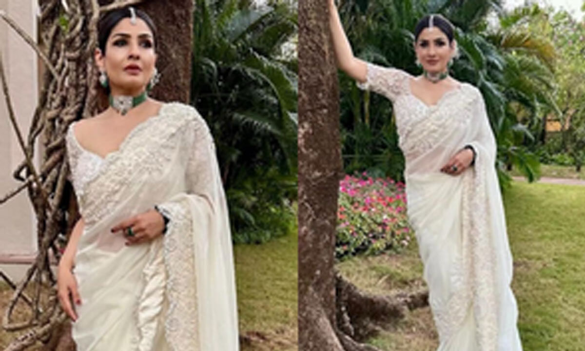 Raveena Tandon is a picture of elegance in white saree for wedding