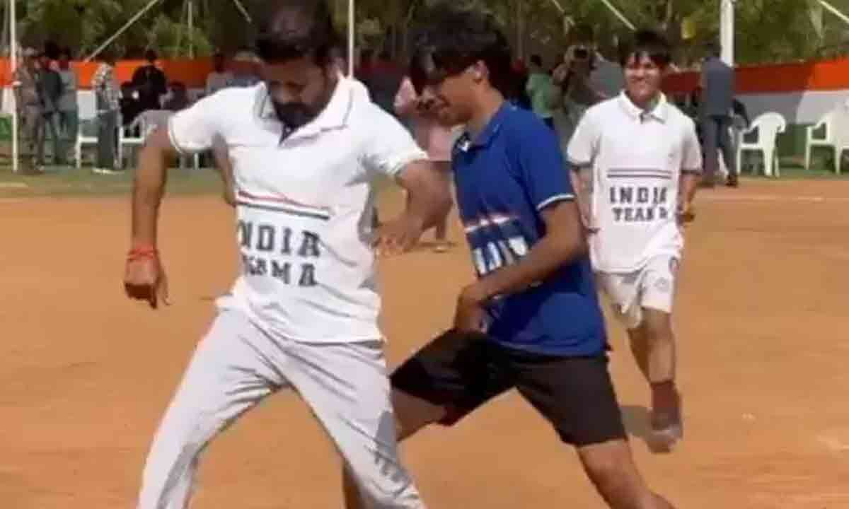 CM Revanth Reddy Plays Football for Fun at Hyderabad Central University