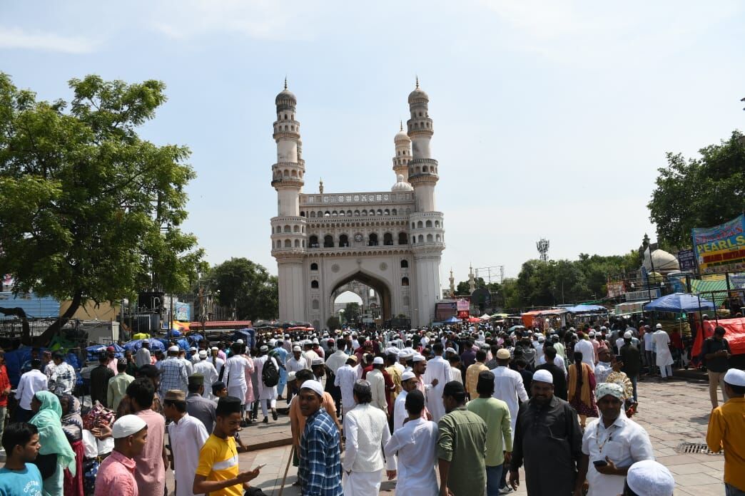 Muslims offer prayers at Mecca Masjid in Hyderabad on Eid Al Adah