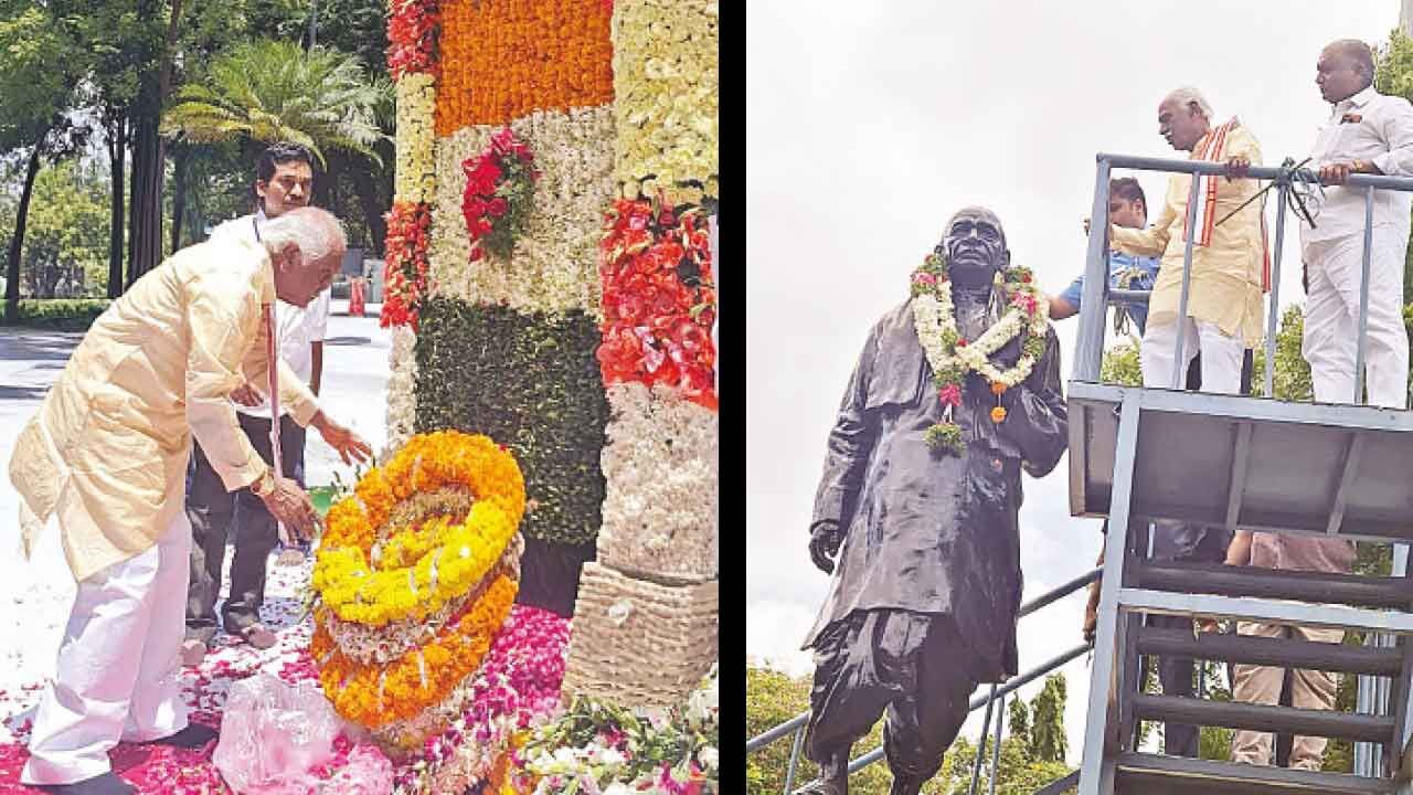 Dattatreya pays tributes at Martyrs Memorial and Sardar Patel’s statue