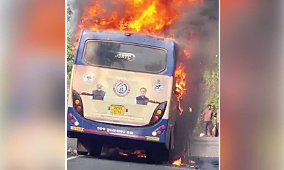Narrow escape for passengers as Odisha RTC bus catches fire