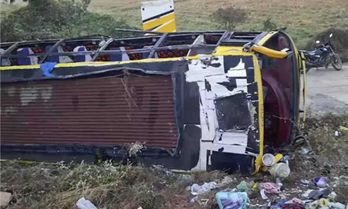 Tourist bus overturns near Chintareddypalem Cross Road in Nellore