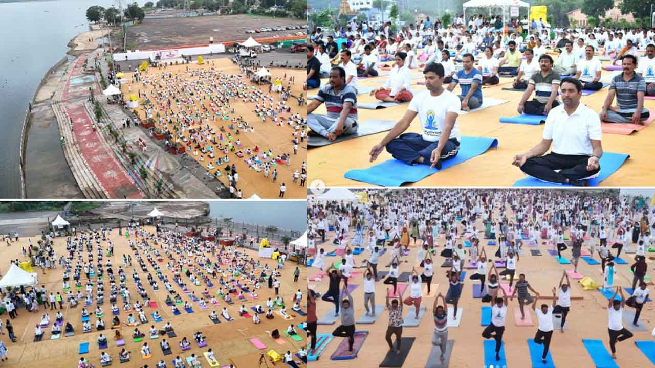Yogandhra Event Held on Krishna River Banks in Vijayawada, Students Attend