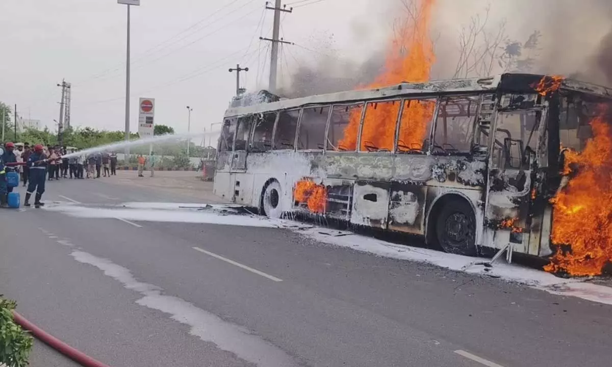 RTC Electric Bus Gutted in Fire Near Karimnagar; 37 Passengers Escape